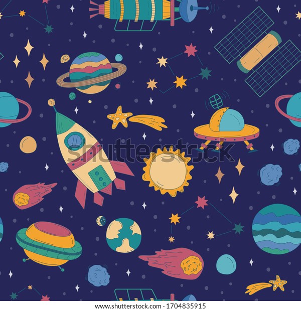 Colorful cartoon space background with rocket, different planets, alien ...