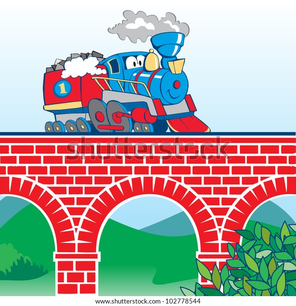 Colorful Cartoon Train On Bridge Vector Stock Vector (Royalty Free ...