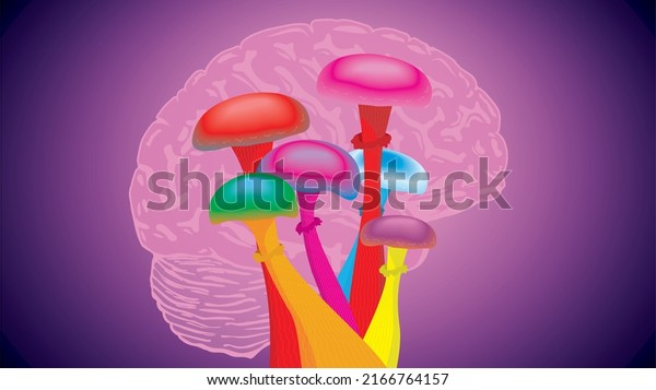 Colorful Psychedelic Mushrooms Brain Background Research Stock Vector ...