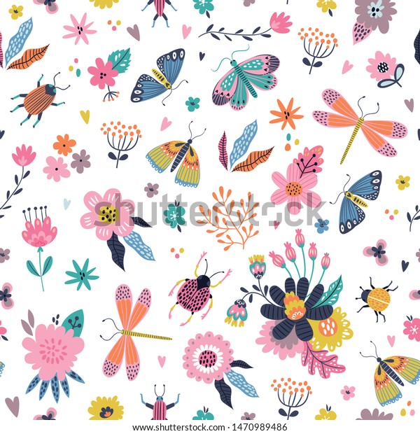 Colorful Seamless Pattern Insects Flowers Summer Stock Vector (Royalty ...
