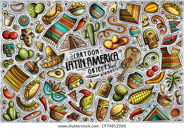 Colorful vector hand drawn doodle cartoon set of Latin American theme ...