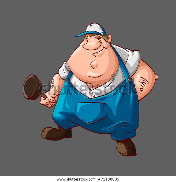Colorful vector illustration of a cartoon fat plumber, with blue ...