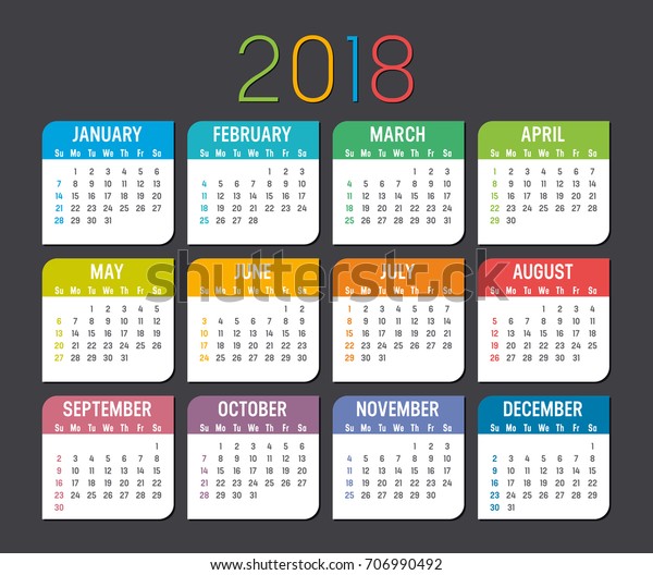 Colorful Year 2018 Calendar Vector Template Stock Vector (Royalty Free ...