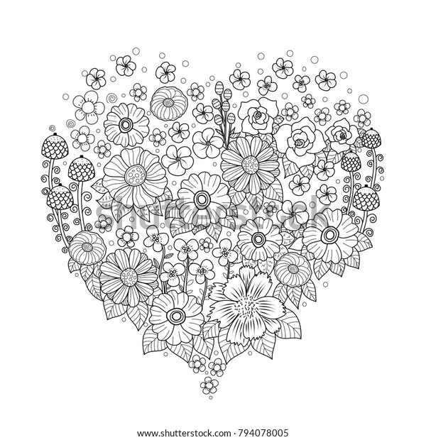 Coloring Book Page Flower Heart Adultvalentines Stock Vector (Royalty ...