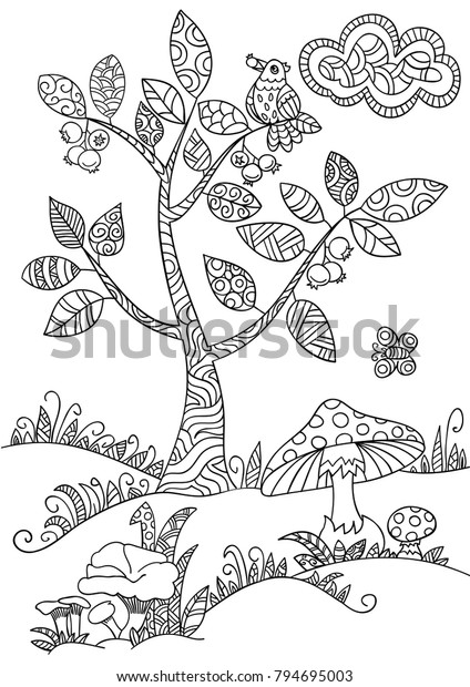 Coloring Book Page Forest Doodle Style 스톡 벡터(로열티 프리) 794695003