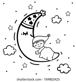 Coloring Cute Baby Sleeping On Moon Stock Vector (Royalty Free ...