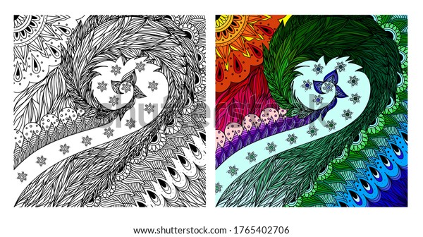 Coloring page. Colorless and color samples for book cover. Freehand ...