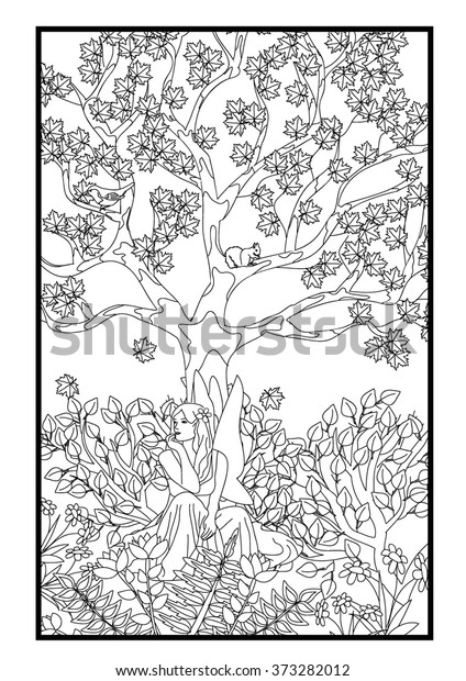 Coloring Page Fairy Under Tree Stock Vector (Royalty Free) 373282012 ...