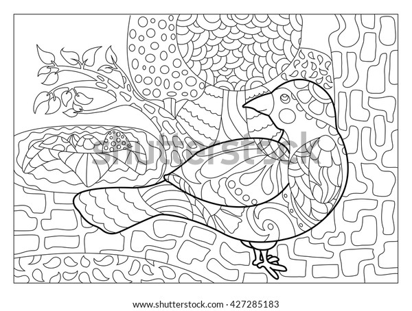 Coloring Page Outlined Bird On Tree Stock Vector (Royalty Free ...