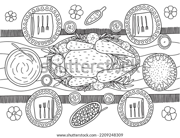 Coloring Page Thanksgiving Turkey Dinner Table Stock Vector (Royalty ...