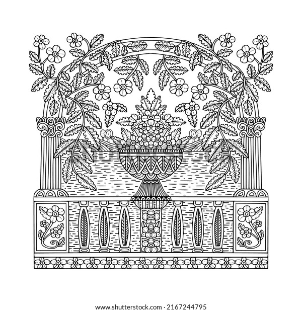 Vektor Stok Coloring Page Veranda Vector Illustration Line (Tanpa ...