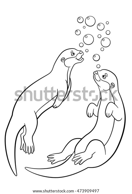 Coloring Pages Two Little Cute Otters Stock Vector (Royalty Free ...