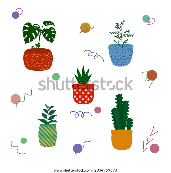 Colourful Cartoon Set Different Plants Pots Stock Vector (Royalty Free ...