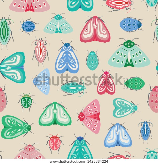 Colourful Moths Beetles Seamless Repeat Pattern Stock Vector (Royalty ...