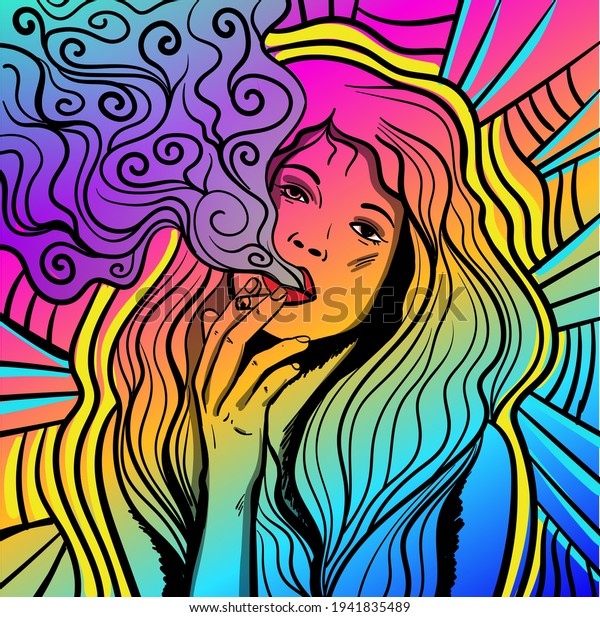 Colourful psychedelic line art with the abstract smoking woman ...