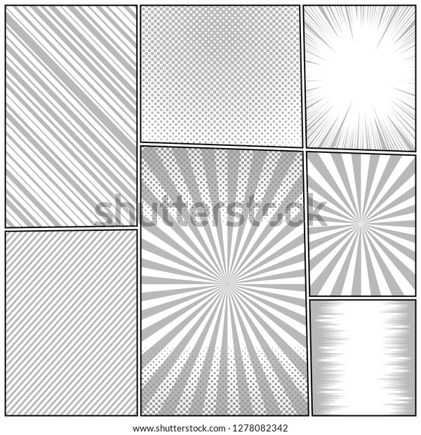 Comic book monochrome design template with radial dotted striped rays ...