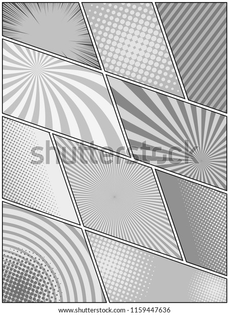 Comic book page monochrome vertical template with radial dotted circles ...