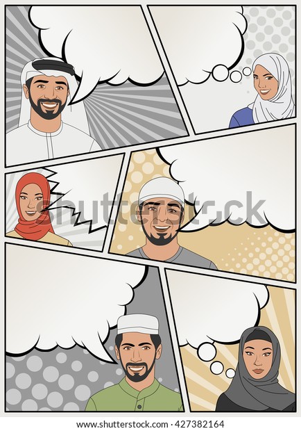 Comic Book Page With Muslim People Talking Comic Strip Background With
