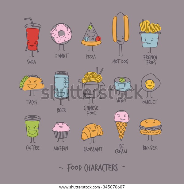 Comic food characters drawing with flat lines and color paint on gray ...