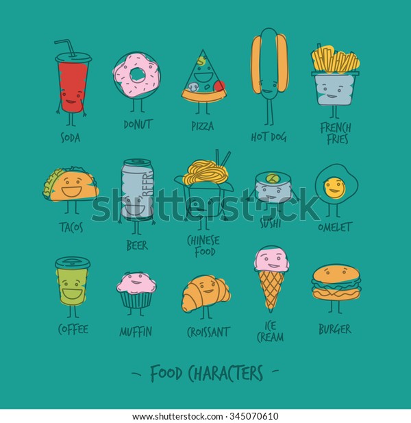 Comic Food Characters Drawing Flat Lines 库存矢量图（免版税）345070610 | Shutterstock