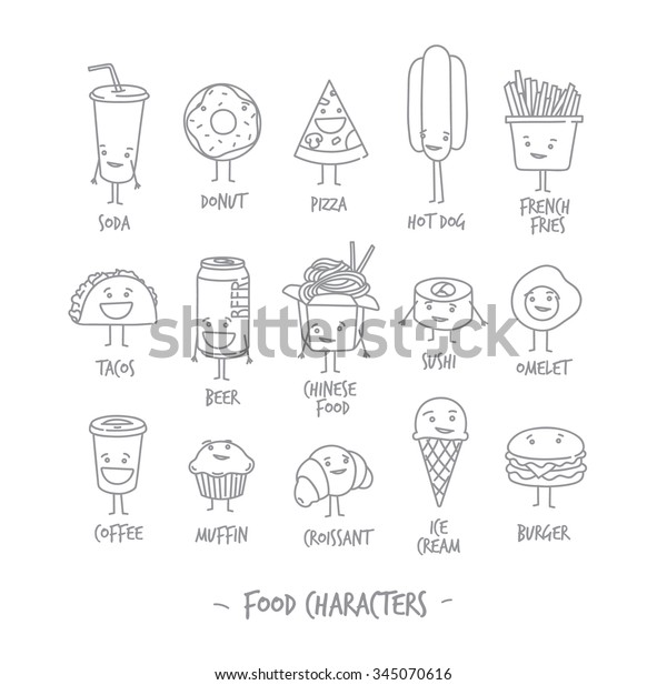 Comic Food Characters Drawing Flat Gray: เวกเตอร์สต็อก (ปลอดค่า ...