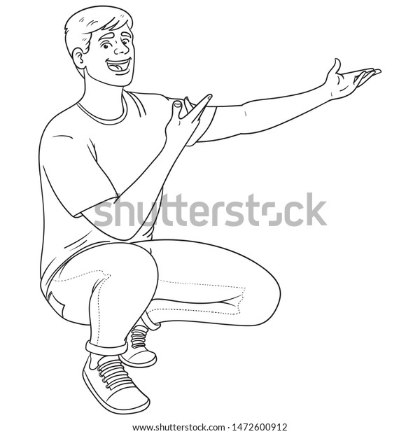 Comic Illustration Man Sitting Squat Pointing Stock Vector (Royalty ...