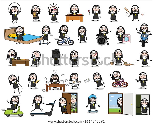 Comic Nun Lady Set Concepts Vector Stock Vector (Royalty Free) 1614843391