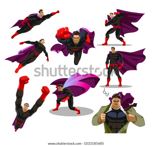 Acciones de comic superman en diferentes poses. Conjunto de héroes ...