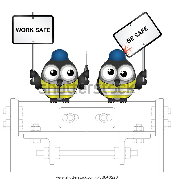 Comical owl construction workers with health and safety work safe be ...