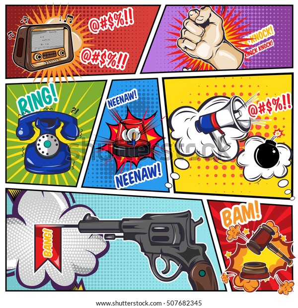 Página de libro de historietas con efectos de sonido de la pistola de ...