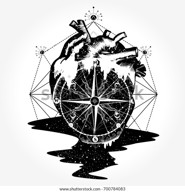 Compass Heart Steampunk Tattoo Geometric Style Stock Vector (Royalty ...