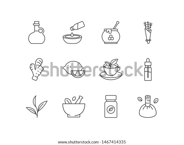 Complementary Alternative Medicine Line Icons Oil 스톡 벡터(로열티 프리) 1467414335
