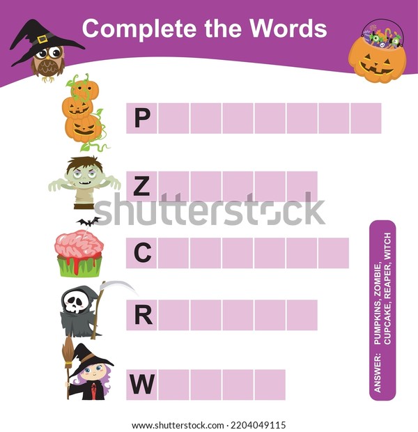 Complete Words Worksheet Writing Halloween Things: เวกเตอร์สต็อก (ปลอด ...