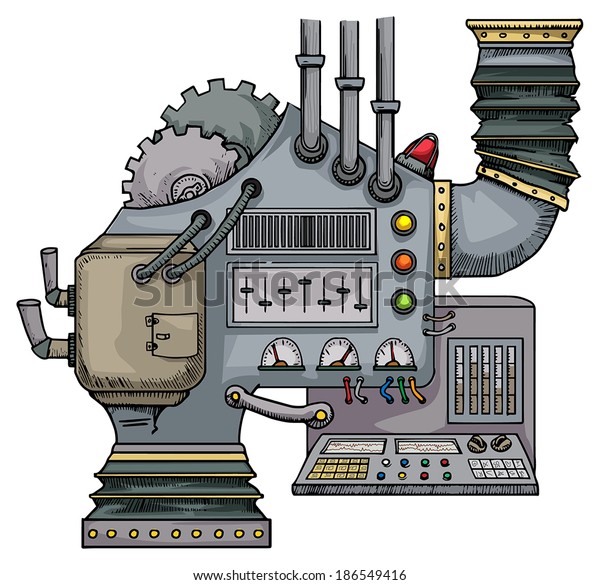 komplexe fantastische Maschine mit Zahnräder, Hebeln, Rohren, Metern ...