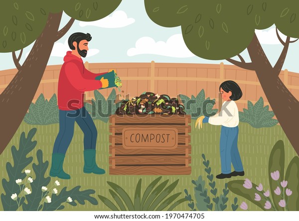 Composting Man Girl Making Compost Outdoors: vector de stock (libre de ...