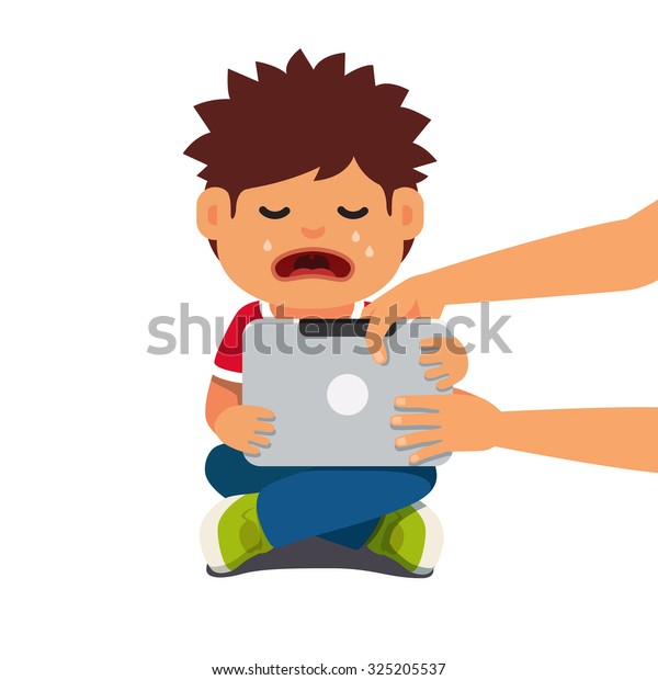 Computer addicted child holding out tablet pc and crying. Flat style ...