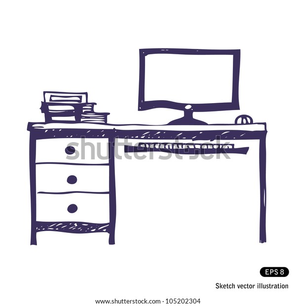 Computer Desk Hand Drawn Sketch Illustration Stock Vector (Royalty Free ...