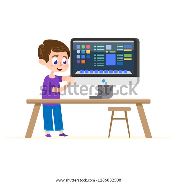 Computer Education Illustration Cartoon Boy Flat Stock Vector (Royalty ...