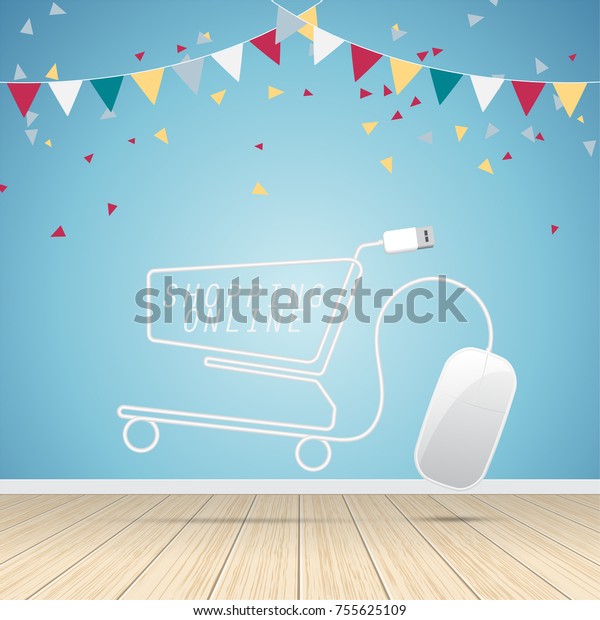 Computer Mouse Shopping Cart Blue Wall Stock Vector (Royalty Free ...
