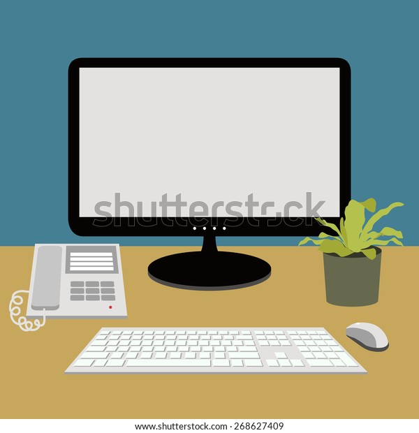 Computer Telephone On Working Desk Vector Stock Vector (Royalty Free ...