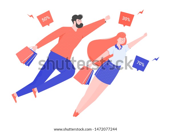Concept of big discount, customer, people with shop bags flying like ...
