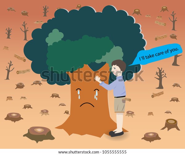 Concept Deforestationa Big Tree Crying Boy 库存矢量图（免版税）1055555555 ...