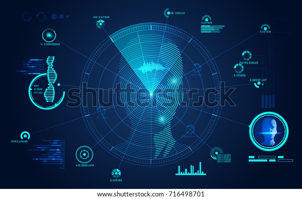 concepto de escaneo facial, búsqueda por radar de señales cerebrales ...