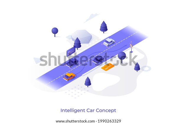 Conceptual template with self-driving automobiles riding along road or ...