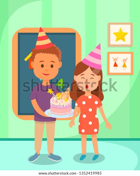 Congratulating Classmate Girl at School Poster Vector Illustration. Boy ...