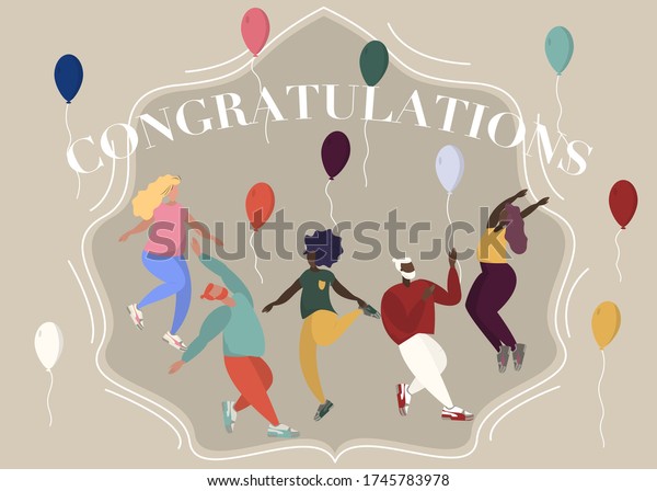 Congratulations Postcard People Jumping Dancing Party Stock Vector ...