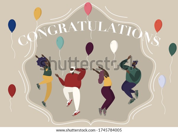Congratulations Postcard People Jumping Dancing Party Stock Vector ...