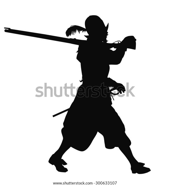 Conquistador with musket marching. Detailed vector silhouette. EPS 8