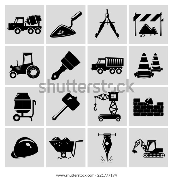 Construction Building Engineer Equipment Black Icons Stock Vector ...
