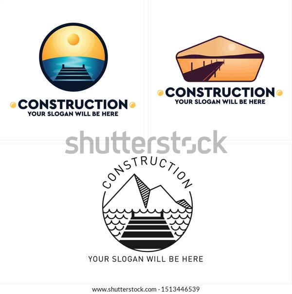 Construction design logo with bridge sea mountain sun circle blue ...